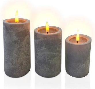 Relaxdays LED Kerzen, 3er Set, mit Timer & flackernder Flamme, warmweiß, Betonoptik, flammenlose Stumpenkerzen, grau