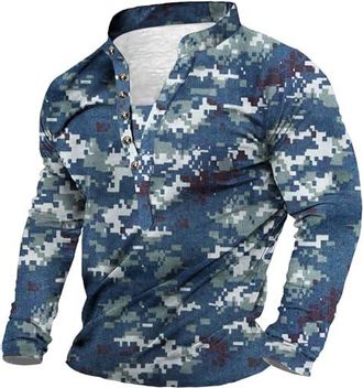 Generic Henley Chemises pour homme &agrave; motif camouflage boutonn&eacute;, col en V, t-shirt l&eacute;ger et respirant &agrave; manches longues, haut confortable pour printemps et aut