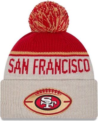 New Era San Francisco 49ers NFL 2024 Sideline Historic Sport Knit Beige Rot Bommelmütze - One-Size
