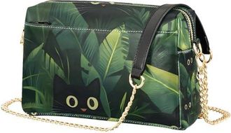 Mnsruu Sac à bandoulière pour femme, sac à main en cuir avec motif chats cachés et feuilles noires