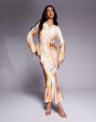 Daska Robe longue satin&eacute;e &agrave; imprim&eacute; fleurs abstrait-Multicolore