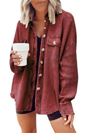Generic Chemise &agrave; manches chauve-souris en tricot gaufr&eacute; boutonn&eacute; pour femme, veste pour femme 2025, hauts en tricot gaufr&eacute;, rouge vin, XXL