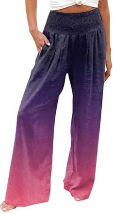 Generic Pantalon en coton et lin pour femme - Jambe large - Pantalon de plage d&eacute;t&eacute; pour femme - Confortable - Pantalon de yoga Palazzo XIYU26081, bleu marine,