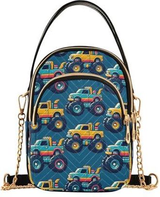 Mnsruu Sac à bandoulière pour femme - Motif Monster Trucks colorés - Bleu foncé - Petit sac à bandoulière avec sangle réglable