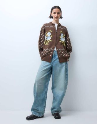 Daisy Street rosette oversized Cardigan mit Rei&szlig;verschluss in Braun