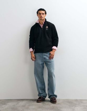 Polo Ralph Lauren Sweatshirt mit B&auml;renlogo, Estate Rib und kurzem Rei&szlig;verschluss in Schwarz