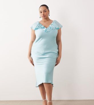 Pretty Lavish Curve Robe longueur mollet en jacquard &agrave; volants - Bleu poudr&eacute;