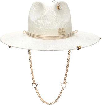 Ruslan Baginskiy Femme, Accessoires, Blanc, Taille: M Chapeau Fedora de Paille avec Cha&icirc;ne