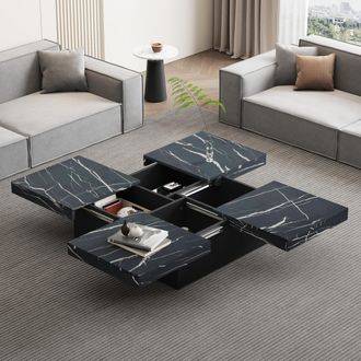 Generic Moderner Quadratischer Couchtisch mit Marmor-Optik, Vier Schubladen, Schiebbarer Tischplatte, Belastbar bis 30 kg, Pflegeleichte Oberfläche, Stilvolle