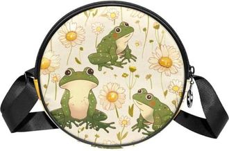 Generic Sac &agrave; bandouli&egrave;re rond pour femme, marguerites, grenouille, petit sac &agrave; bandouli&egrave;re avec fermeture &eacute;clair, bretelles r&eacute;glables, sac &agrave; main rond d&eacute;cont