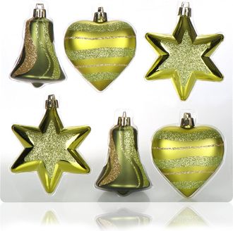 Com-Four 6-teiliges Set Christbaumschmuck - Christbaumkugeln in verschiedenen Formen - Glocke, Herz und Stern zum Anhängen am Weihnachtsbaum (grün)