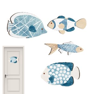 Generico Wand-Dekoration aus Holz - Fisch-Skulpturen an der K&uuml;stenk&uuml;ste, 4-teilig, Vintage-Dekoration f&uuml;r, Haus, H&uuml;tte, Wohnzimmer, Schlafzimmer, zum Aufh&auml;ngen