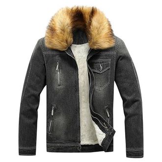Generic Veste en jean noire pour homme, col en fausse fourrure, doublure polaire, chaude et d&eacute;contract&eacute;e, taille XX Large