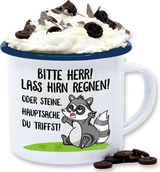 Shirtracer Emaille Tasse Blechtasse - Statement Sprüche - Bitte Herr Lass es Hirn regnen - 300 ml - Weiß Blau - kaffeetasse lustig für arbeit becher mit spruch s