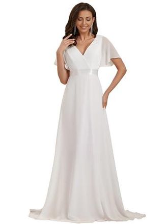 Ever-pretty Robes de Soirée Femmes Longues Manches Volants Tulle Paillettes de Feuilles Col V Chic Blanc 34