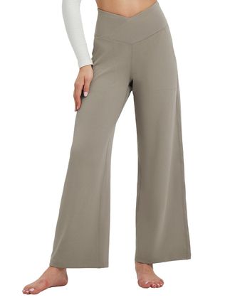 Baleaf Weite Hose Damen Yogahose mit Taschen Stoffhose Hohe Taille Jogginghose Straighthose Bauchkontrolle Schlaghose Sporthose Petite Khaki 3XL