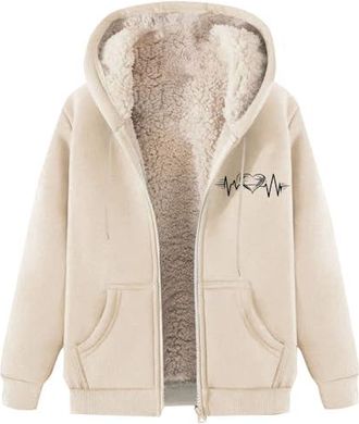 Generic Vestes pour femmes et hommes et fermeture &eacute;clair &agrave; capuche en polaire avec poches, motif battements de coeur, veste athl&eacute;tique d&eacute;contract&eacute;e 2026, beig