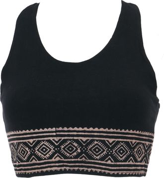 Guru Shop Goa Psytrance Bikini Top, Boho Top, Yoga Bra Top mit Druck - Schwarz, Damen, Baumwolle, Size:L