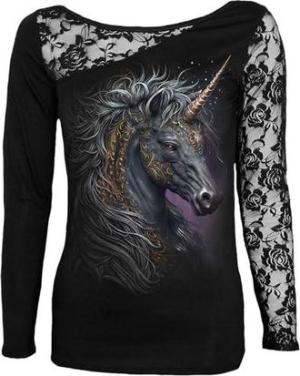Spiral Celtic Unicorn Femme T-Shirt Manches Longues Noir M 95% Viscose, 5% Élasthanne Slim Fit