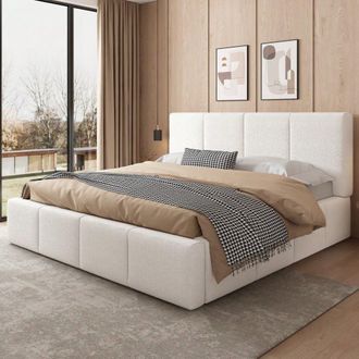 Generic Doppelbett 180x200 beige komplett gepolstert - Strukturierter lockiger Stoff, sofortiges Aufbewahrungssystem und integrierter Bettkopf f&uuml;r optimalen K