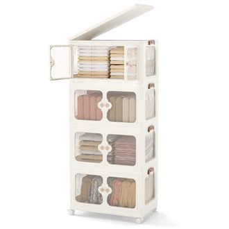 Giantex Armoire de Rangement PP &agrave; 4 Niveaux, 212L, Meuble de Rangement Roulant, Portes Transparentes & 4 roulettes Universelles, Commode Pliable pour Stockage