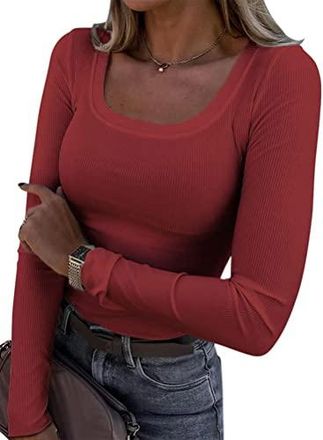 Onsoyours Femmes Manches Longues Crop Top Extensible Sexy Slim Ajusté Chemises Croppées B Rouge L