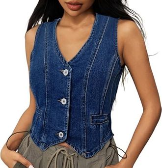 Generic D&eacute;bardeur Femme Maillot De Corps Top Court en Denim sans Manches &eacute;l&eacute;gant pour Femmes en Couleur Unie Parfait pour superposer sur Vos Tenues Estivales 