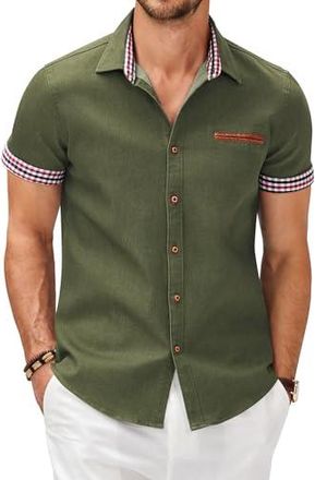 Coofandy Chemise en Jean Homme &agrave; Manches Courtes - Chemise d&Eacute;t&eacute; D&eacute;contract&eacute;e, Style Cowboy, Coupe Ajust&eacute;e, Parfaite pour Business/Loisirs Arm&eacute;e Verte XXL