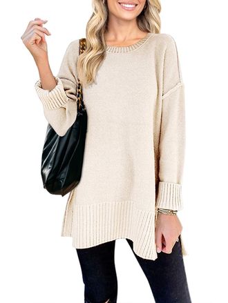 Merokeety Damen Casual Rundhals Side Split Pullover Sweater Lose Langarm Pullover Top, Beige, Klein
