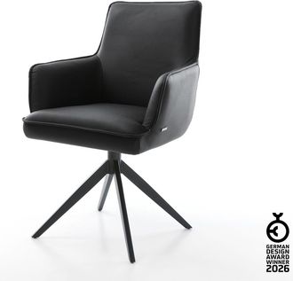 DELIFE Drehstuhl Heira-Flex mit Armlehnen Echt-Leder Schwarz Kreuzgestell breit Schwarz 360&deg; drehbar Wippfunktion Taschenfederkern, Esszimmerst&uuml;hle