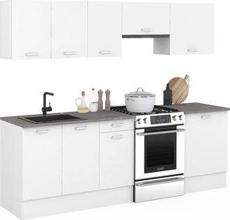 IDMarket Komplette Küche, 240 cm, subtil mit Arbeitsplatte, 7 Elemente, Weiß und Platten in Betonoptik