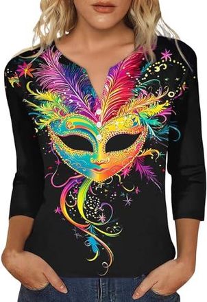 Generic Haut &agrave; manches 3/4 pour femme - Haut pour femme - Imprim&eacute; masque de carnaval - Costume graphique - Col en V - &Eacute;l&eacute;gant - D&eacute;contract&eacute; - Chemisier basiqu