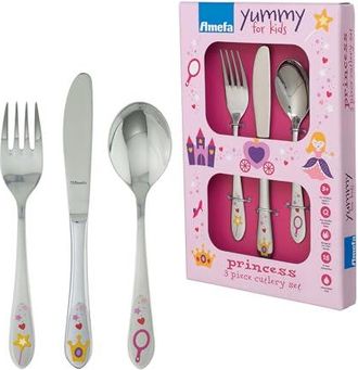 Amefa Princess Set für Kinder ab 3 Jahren, Edelstahl rostfrei & poliert, Spülmaschinenfest, Kinderbesteck 3-teilig, Mit Geschenketui, Silber