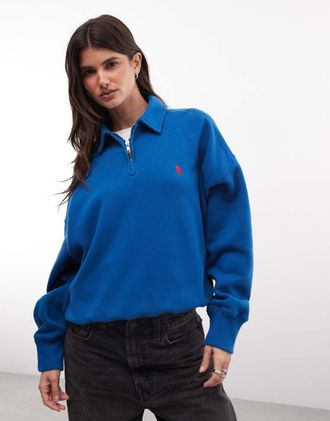 Polo Ralph Lauren sweat-shirt &agrave; demi-zip avec logo icon bleu