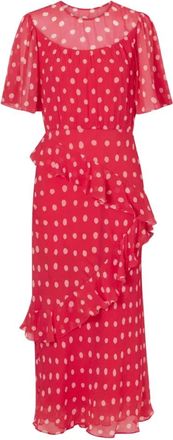 Saloni Femme, Robes, Rose, Taille: 38 FR Robe midi en cr&ecirc;pe de soie Vida E &agrave; pois et volants