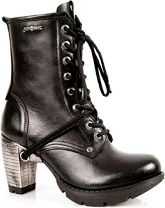 New Rock Bottines lacées Femme TR001-S1 Cuir Noir 100% véritable Style Punk Gothique