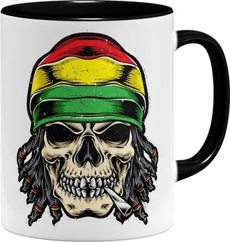 OM3 Reggae Rasta Skull Kaffee-Tasse Totenkopf Ragga Jamaika Weed - Keramik Becher - 11oz 325ml - Beidseitig Bedruckt - Schwarz