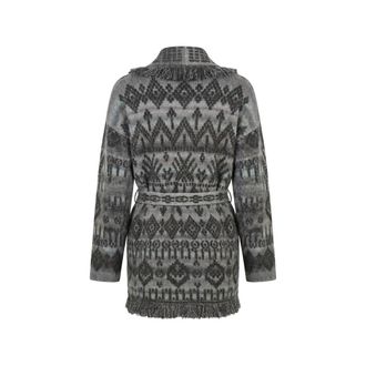 Alanui Jacquard Knit with Fringe Trim Cardigan - Grey