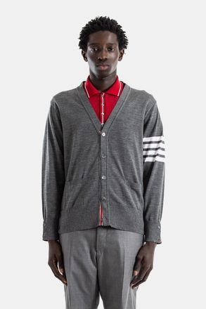 Thom Browne Mens Merino Wool Heather Grey V-Neck 4-Stripe Sleeve Cardigan Gray Sweater