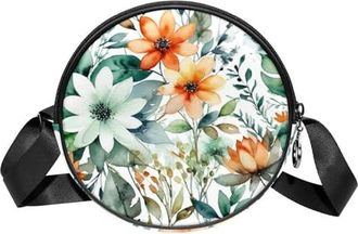 Generic Petit sac &agrave; bandouli&egrave;re circulaire pour femme, motif feuilles florales, sac &agrave; dos avec fermeture &eacute;clair, bretelles r&eacute;glables, sac &agrave; main rond d&eacute;contra