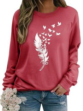 Dresswel Pull pour femme - Imprim&eacute; plume - Sweat-shirt &agrave; manches longues - Col rond - Manches longues - Automne - Hiver - Hauts - Chemisier, 3 Rouge past&egrave;que, 