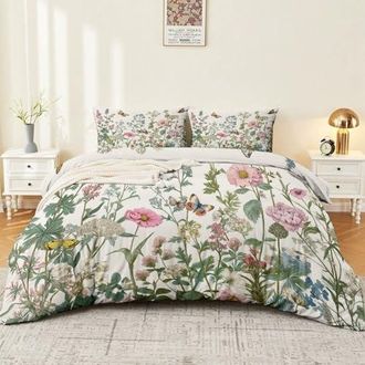 Generic Parure de Lit 3 Pi&egrave;ces Fleurs Papillons Nature Microfibre Imprim&eacute;e Housses de Couette R&eacute;versible L&eacute;g&egrave;re 220 x 240 cm 2 Taies doreiller 65x65 cm Multic