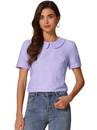 Allegra K Chemisier à col Claudine pour Haut Kawaii à Manches Courtes en Jacquard Floral pour Femme Mauve XS