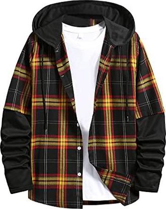 FNKDOR Veste à Capuche Homme Chemise à Carreaux Manches Longues Chemisier Regular Fit Léger Classique Sweat à Capuche avec Poche (B Black, XXL)