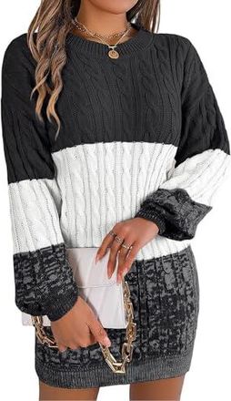 Generic Pull en tricot torsad&eacute; pour femme - Robe pull d&eacute;contract&eacute;e en tricot torsad&eacute; &agrave; manches lanternes, tunique ample, v&ecirc;tements dautomne, v&ecirc;tements quotidi