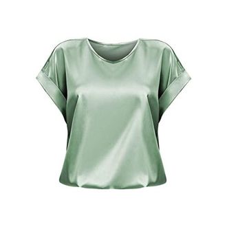 Generic Haut &agrave; manches courtes pour femme, t-shirt d&eacute;contract&eacute; &agrave; manches enroulables, chemisier d&eacute;t&eacute; l&eacute;ger en satin, haut ample, couleur unie, col rond, chemi