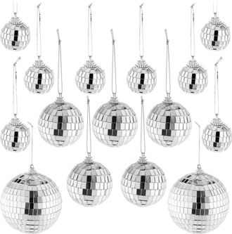 Relaxdays Mini Discokugel, 15 Spiegelkugeln in 3 versch. Größen Ø 3-10 cm, Partydeko zum Aufhängen, Diskokugel, Silber