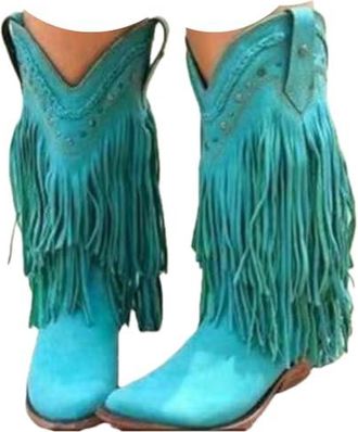 Generic Bottes de cowboy pour femme - Automne et hiver - Plat - Talon &eacute;pais - Frange - Longueur moyenne - D&eacute;contract&eacute;e - &Eacute;l&eacute;gante - Grande taille - Chaudes &agrave; 