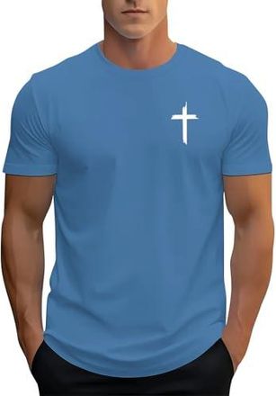 Generic T-shirt de sport pour homme Coupe ample Classique Col rond Croix chrétienne Manches courtes Respirant Sports Fitness Entraînement Gym Muscle Tees, ble