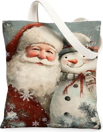 Generic Sacs fourre-tout en toile r&eacute;utilisables avec P&egrave;re No&euml;l et bonhomme de neige pour les vacances - L&eacute;gers et lavables - Pour les voyages, Rouge, 13x15 In